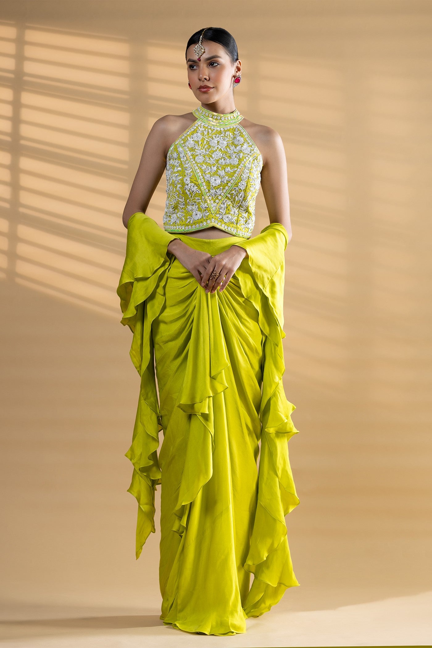 Rashi crop top with skirt and ruffle dupatta - by Roop Vatika by Raj Arora