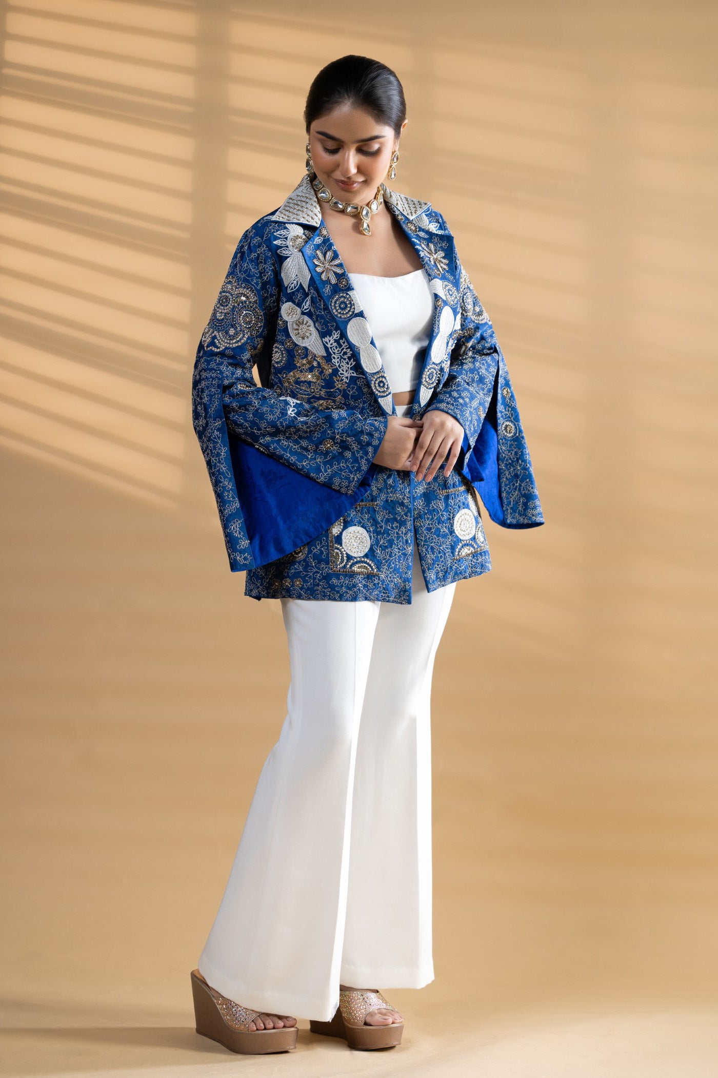 Blue raw silk Embroidered Jacket set