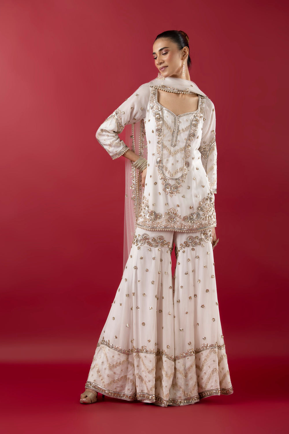 White Georgette Gharara Suit With Pearl, Sequins And Poth Work