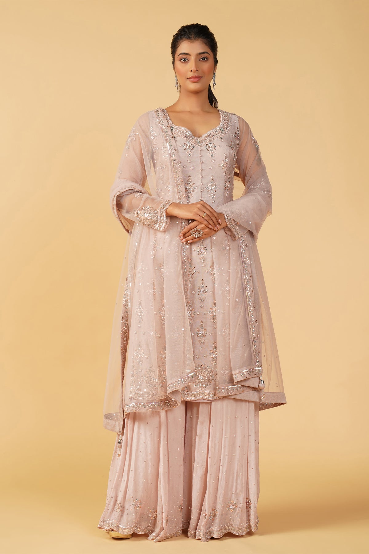 French Pink Silk Shirt And Sharara Set
