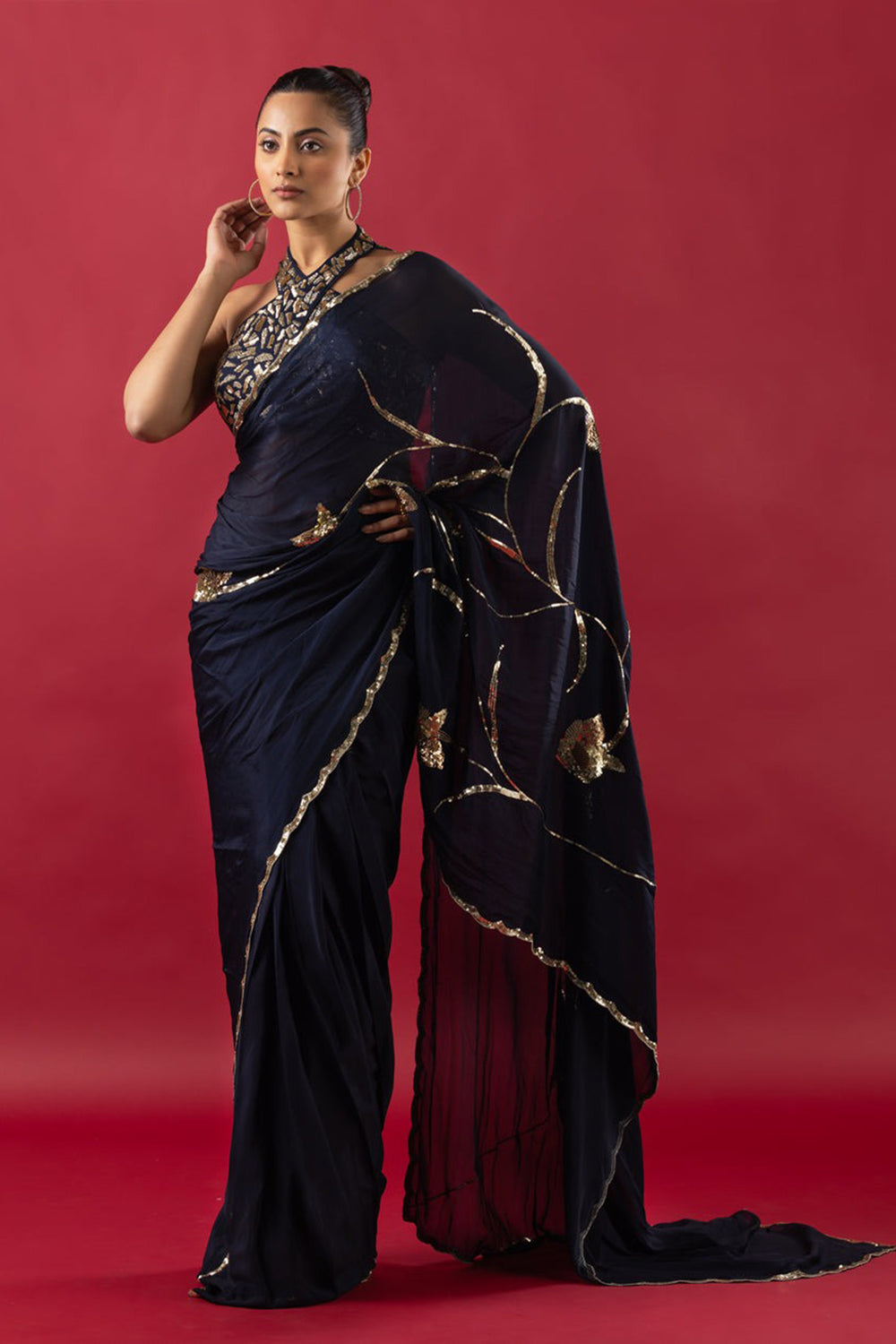 Navy Blue Saree In Chiffon