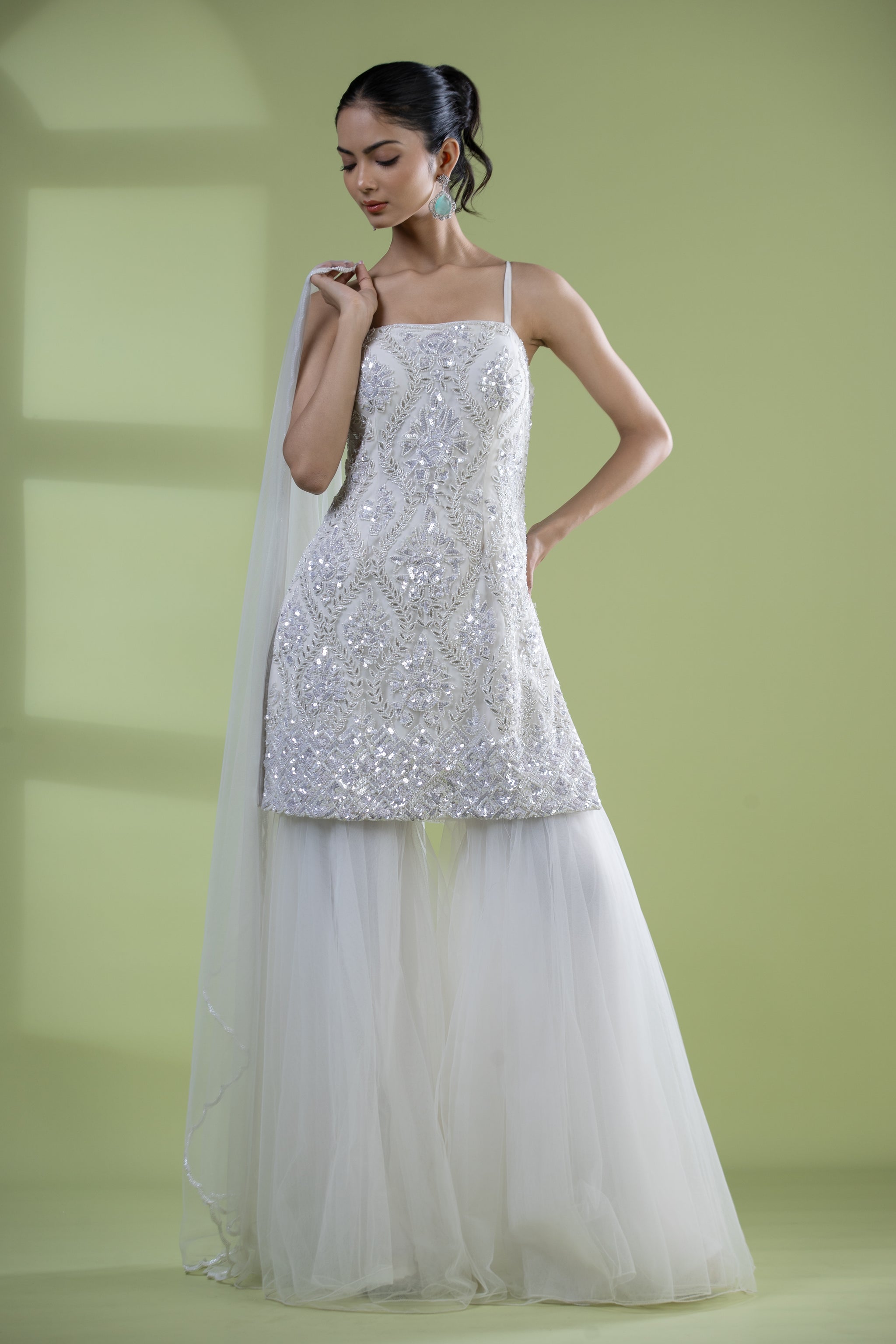 White Net Short Shirt Gharara Set