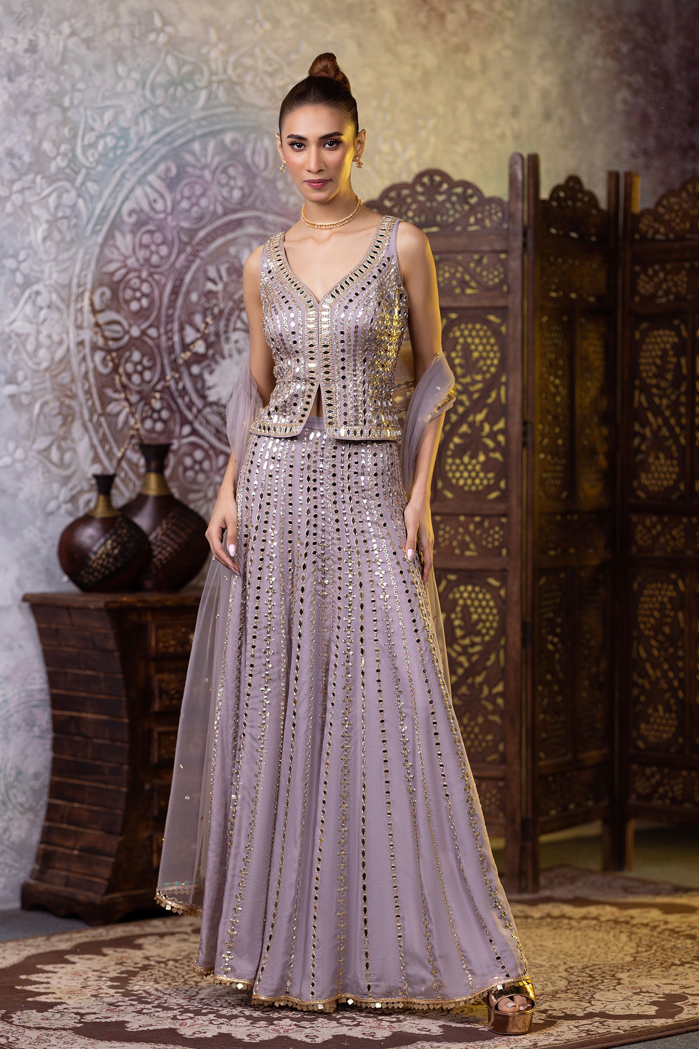 Lavender mirror-embroidered crop-top sharara set